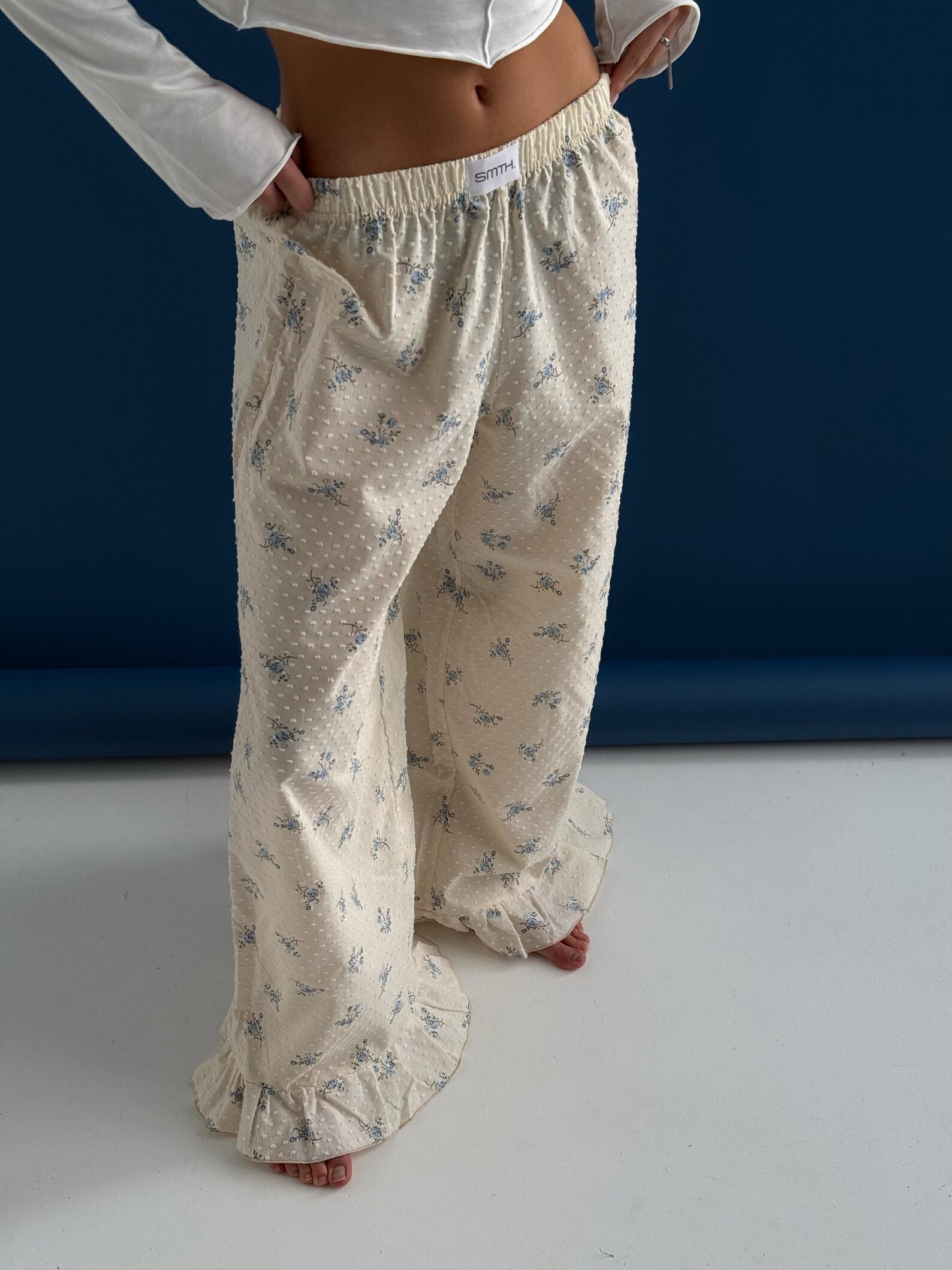 Pink Cotton Lounge Pants With Mimosa Print, Ruffled Hem Pajama Pants ...