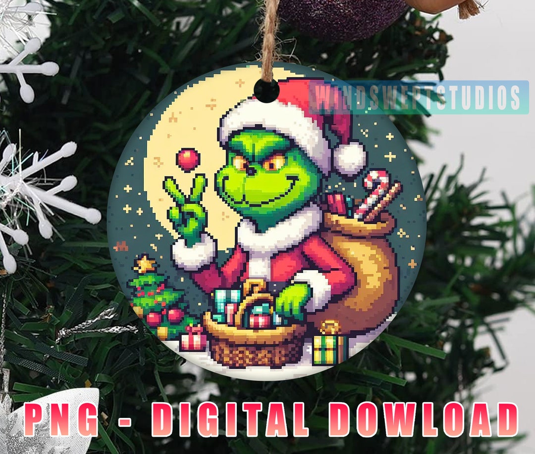 The Grin Pixel Ornament PNG, the Green Guy Christmas Round Designs ...