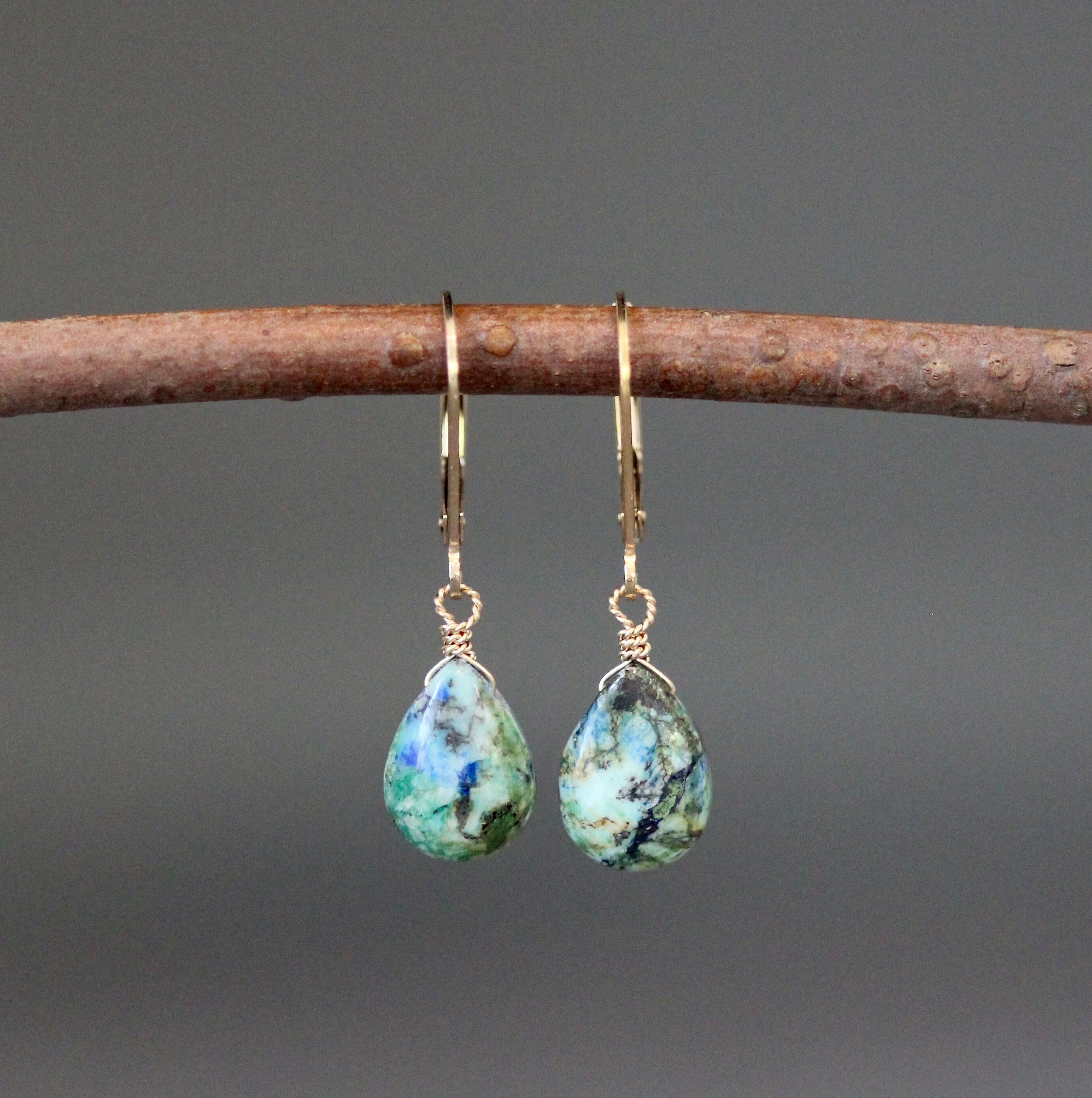 Blue Azurite Earrings - Azurite Turquoise Earrings - Turquoise and Gold ...