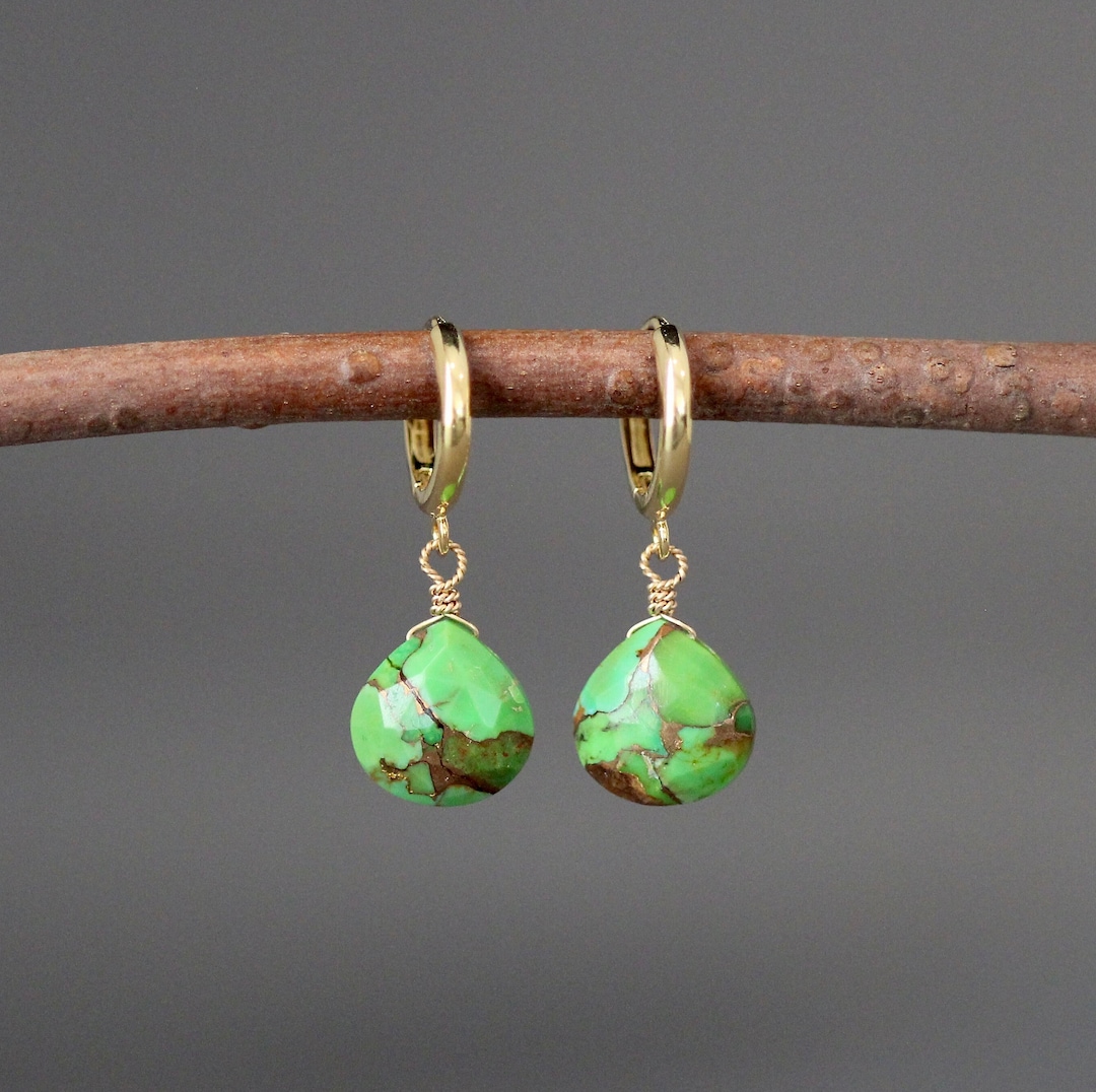 Turquoise Earrings Green Copper Turquoise Green Gemstone Earrings Gold ...