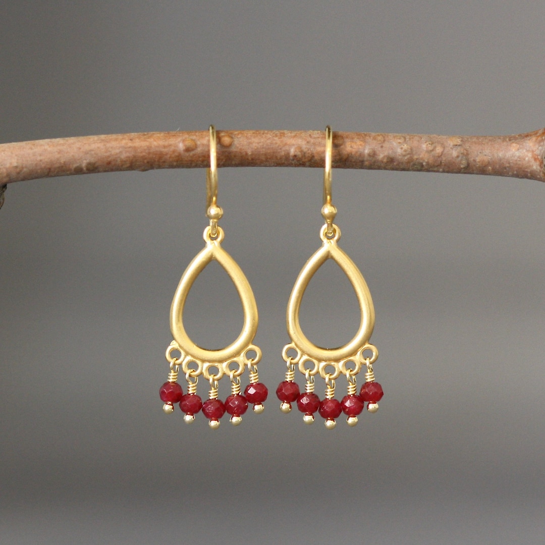 Red Ruby Earrings - Red Gemstone Earrings - Gold Chandelier Earrings - Ruby and Gold Earrings ...