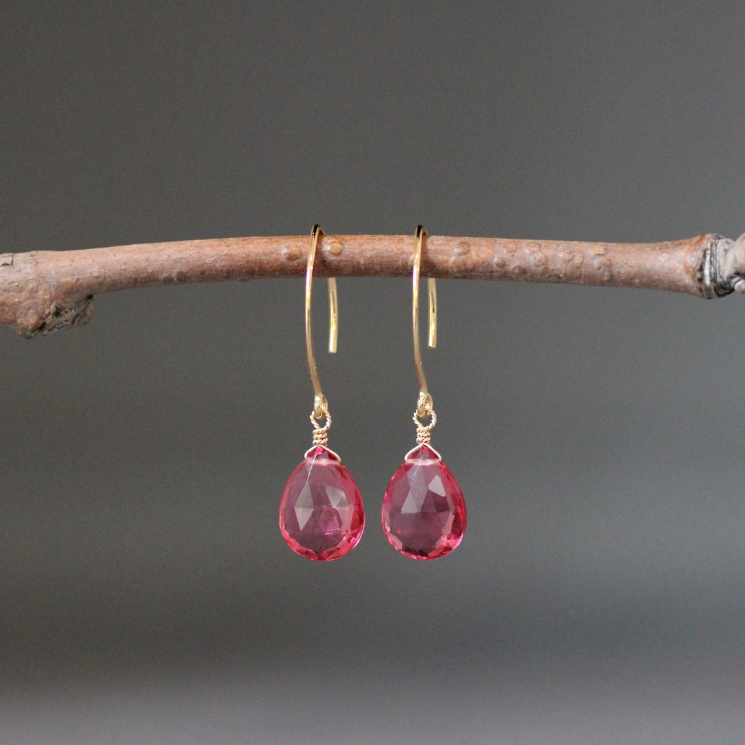 Pink Quartz and Gold Earrings - Fuchsia Quartz Earrings - Long Gold ...