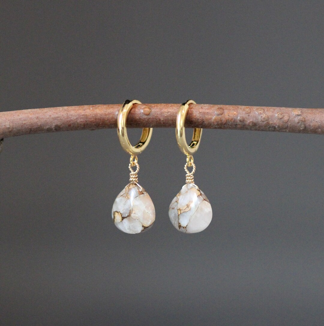 Copper Calcite Earrings - White and Gold Earrings - Gold Hoop Earrings ...