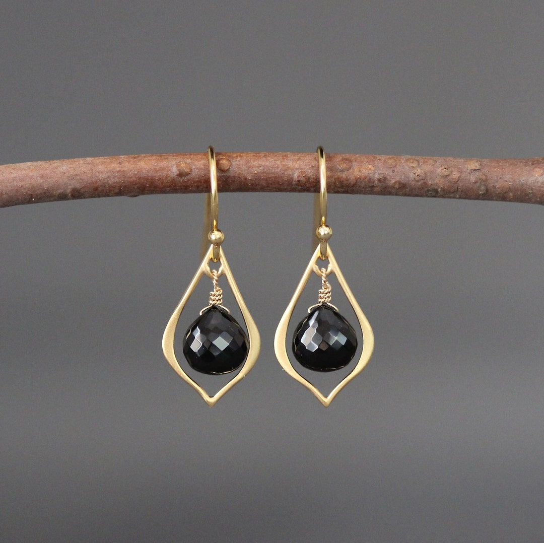 Black Spinel Earrings Black and Gold Earrings Black Gemstone Earrings ...