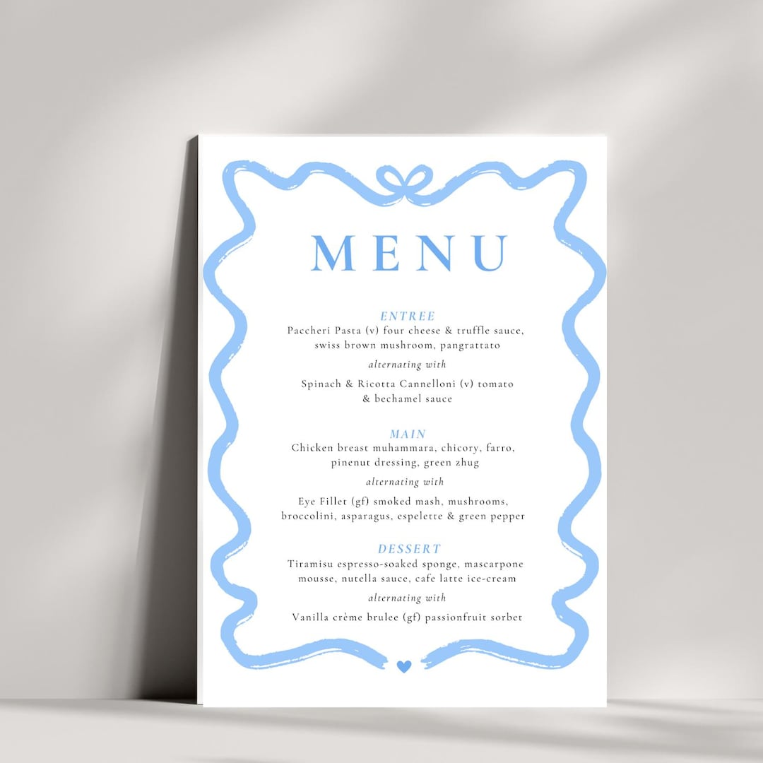 Blue Bow Menu, Bow Menu, Boy Menu, Baby Shower Menu, Bridal Shower Menu ...