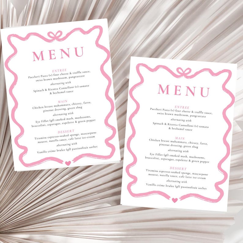 Lunch Menu, Dinner Menu, Wedding Menu, Birthday Menu, Pink Menu, Bow ...