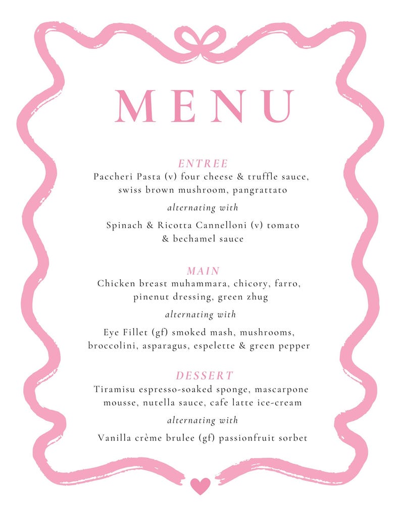 Lunch Menu, Dinner Menu, Wedding Menu, Birthday Menu, Pink Menu, Bow ...