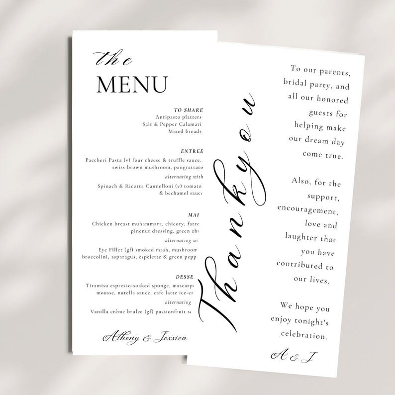 Menu and Thank You Card, Wedding Menu Card, Napkin Note Thank You Card ...