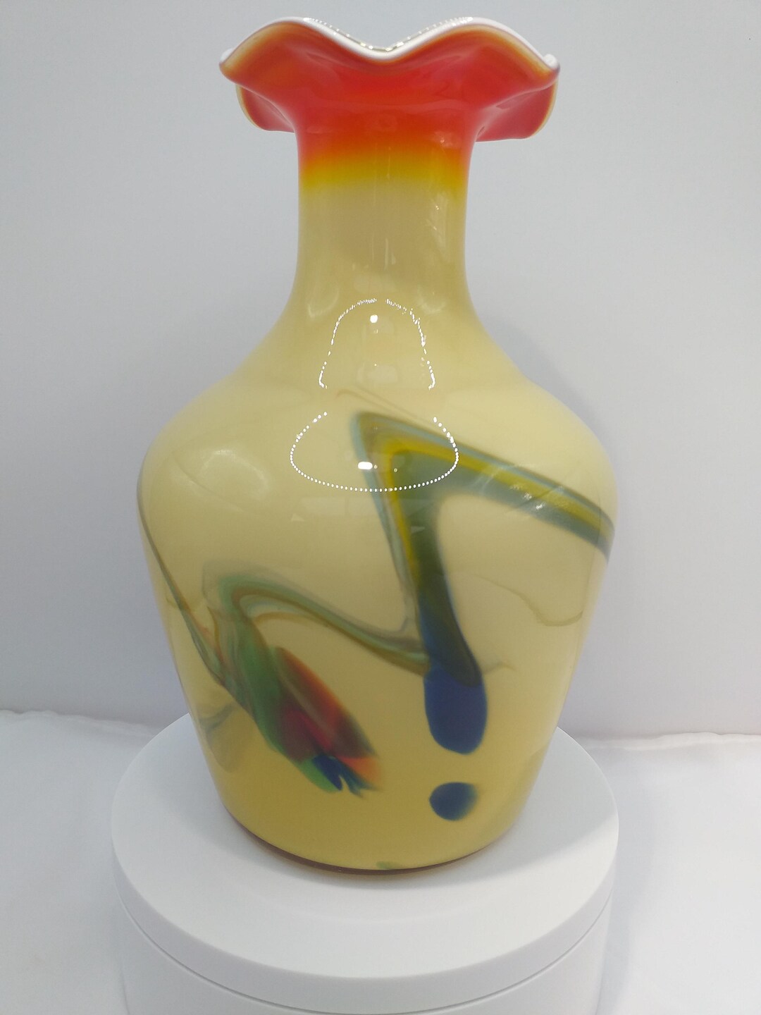 Vintage 1970s Dalian Glass Posy Vase: Pale Yellow With Red Ruffle Edge ...