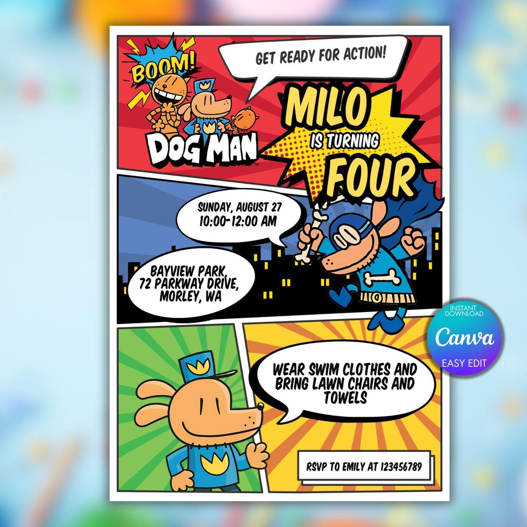 Dog Man Birthday Invitation: Editable Comic Party Invite (digital ...