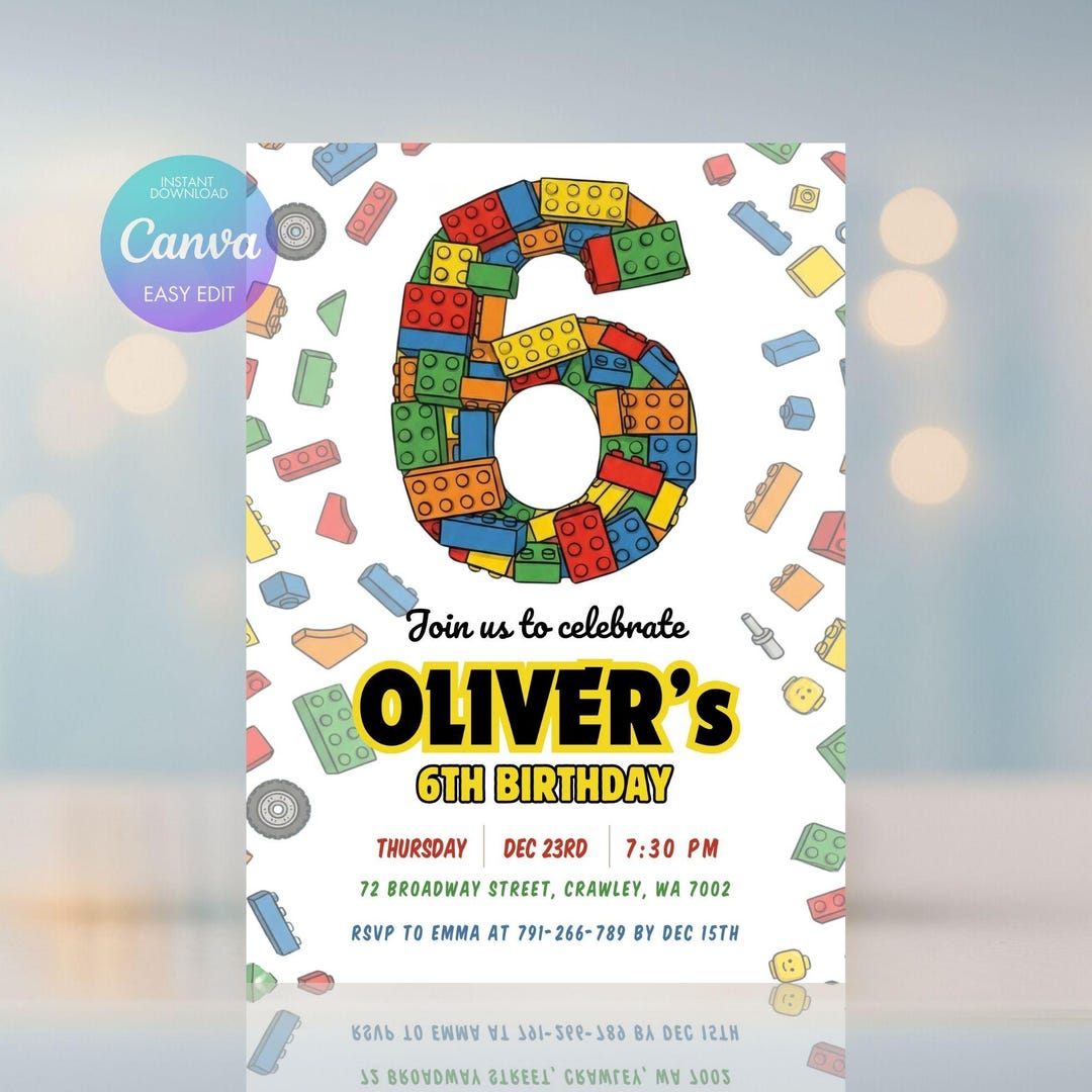 Building Blocks 6th Birthday Invitation: a Bricks Play Party Theme ...