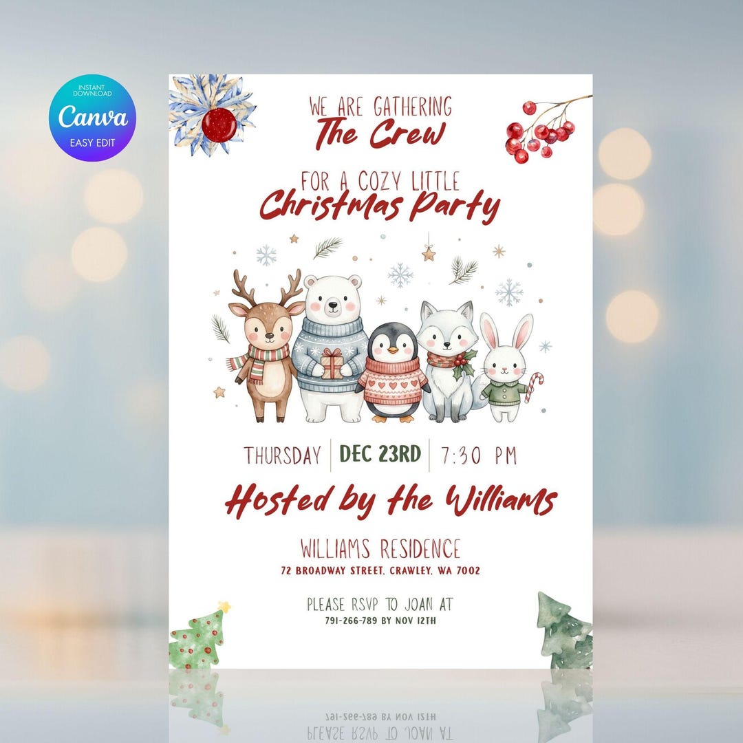 Woodland Animal Christmas Potluck Invitation: Editable Canva Template ...