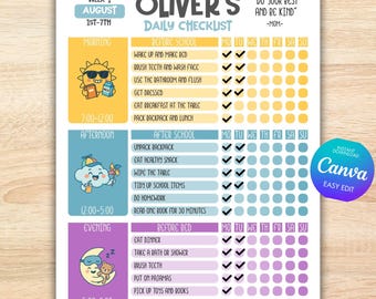 Kids Daily Routine Checklist: Editable Chore Chart Canva Template ...