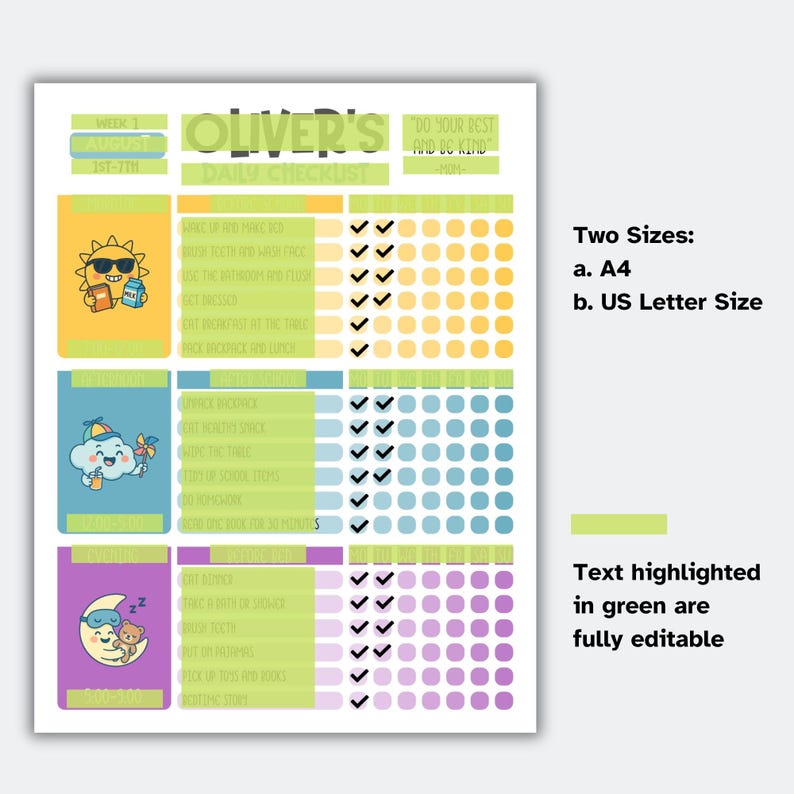 Editable Kids Daily Checklist Canva Template; Morning, Afternoon ...