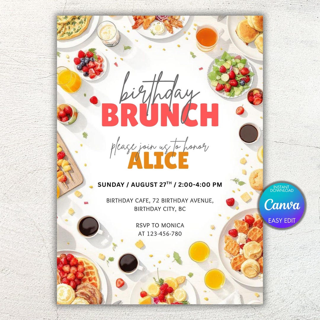 Birthday Brunch Invitation Template: Editable Breakfast Party Invite ...