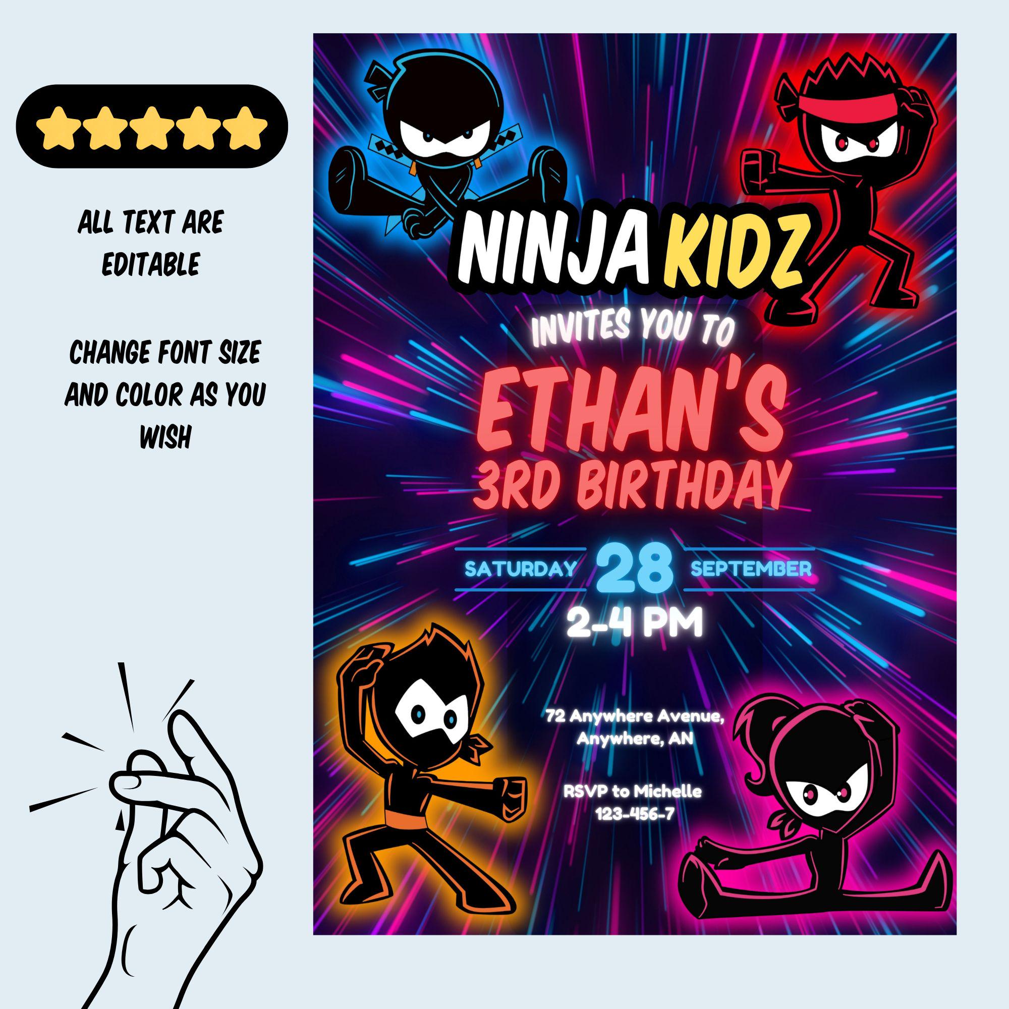 Ninja Kidz Birthday Invitation Neon Glow Party Editable Canva
