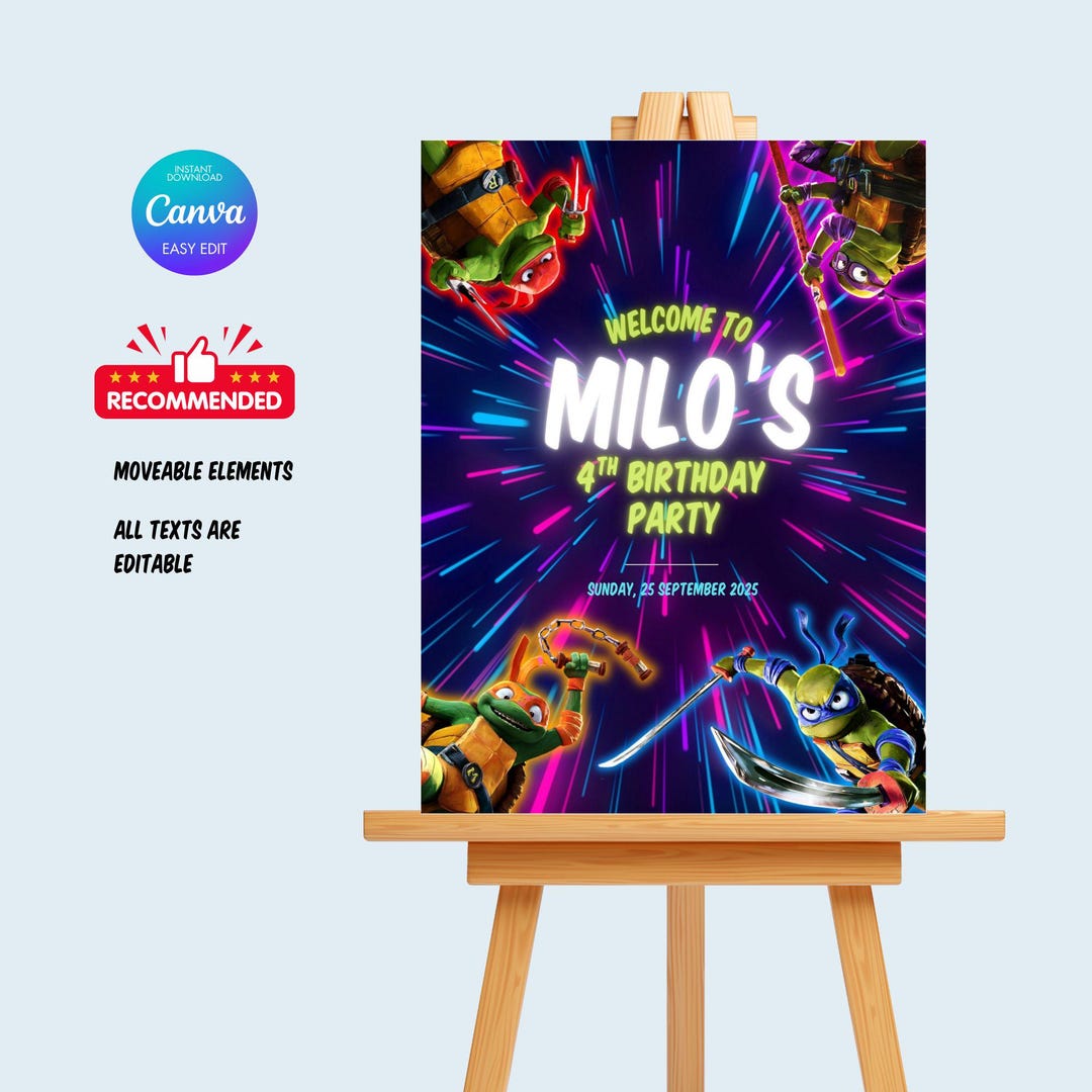 Ninja Turtle Birthday Welcome Sign Editable Canva Template | TMNT Party ...