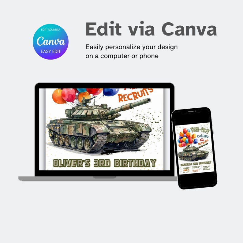 Tank Birthday Invitation: Army Theme, Editable Canva Template (digital ...