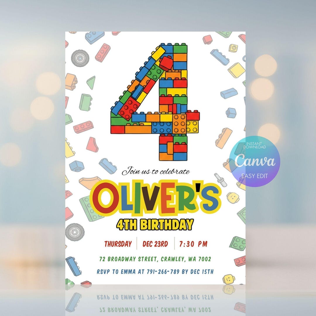 Building Blocks 4th Birthday Invitation: Fourth Birthday Party, Canva ...