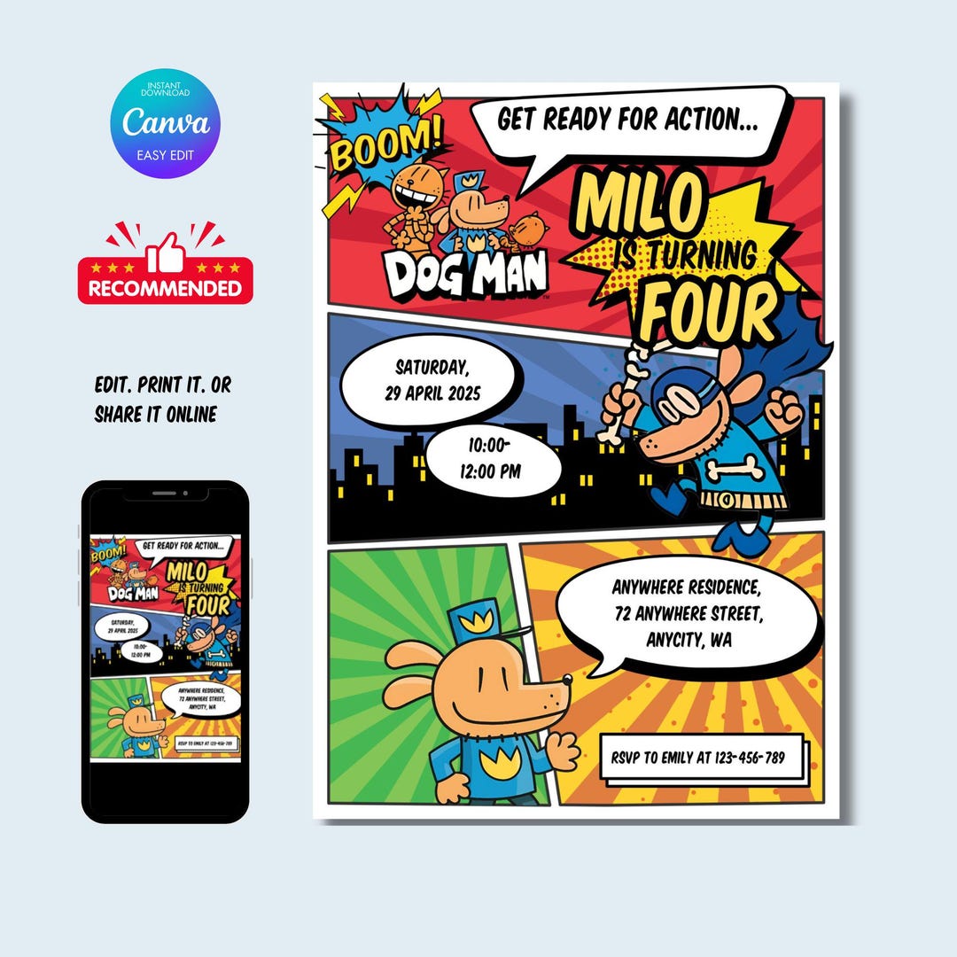 Dog Man Birthday Invitation, Editable Comic Invite, Printable Dogman ...