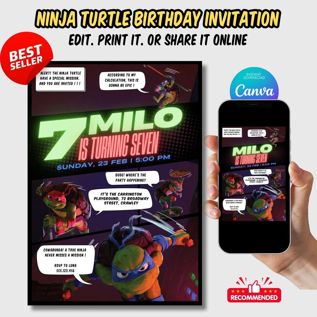 Editable Ninja Turtle Birthday Invitation – Printable Ninja Kids Party ...