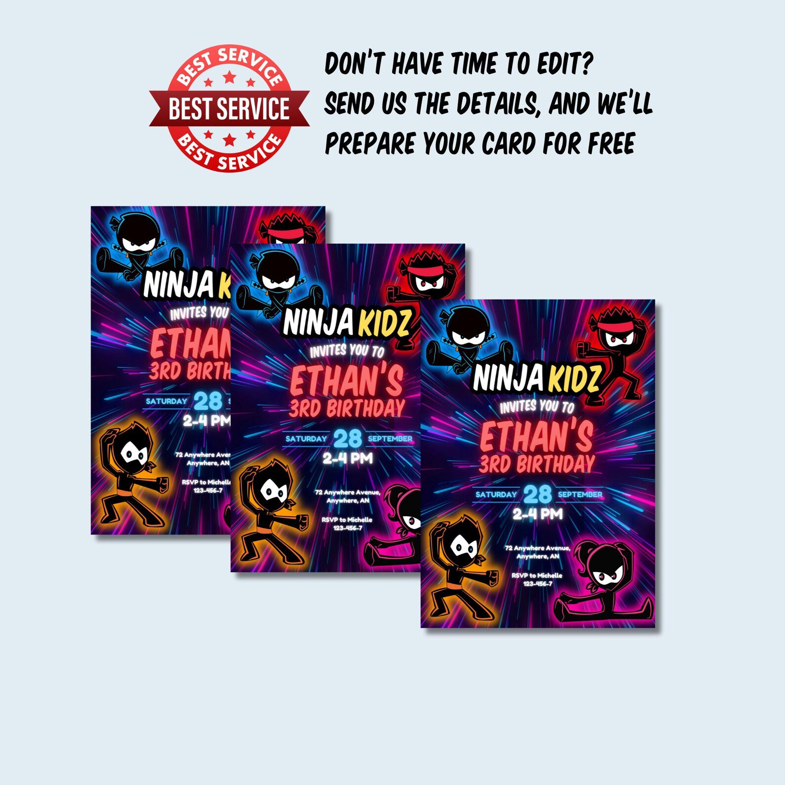 Ninja Kidz Birthday Invitation: Neon Glow Party, Editable Canva ...