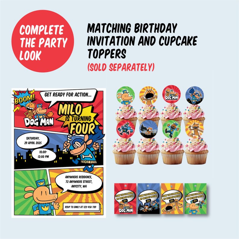 Dog Man Birthday Thank You Tags Customizable Printable Favor Tag Dogman ...