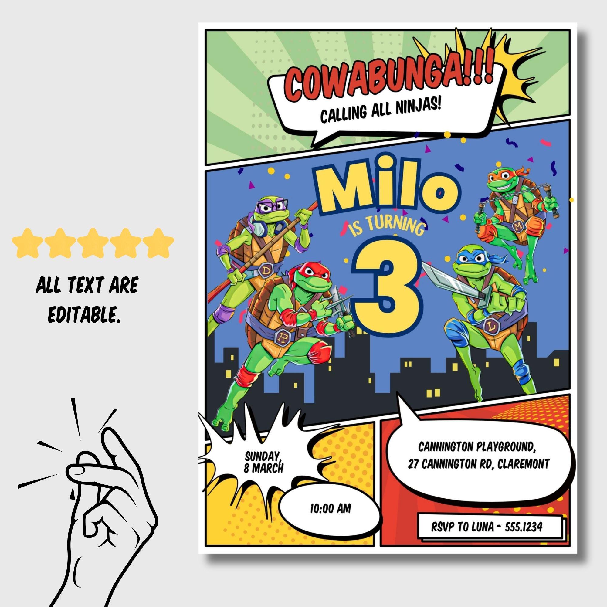 Editable Ninja Turtle Birthday Invitation, Digital & Printable Comic ...