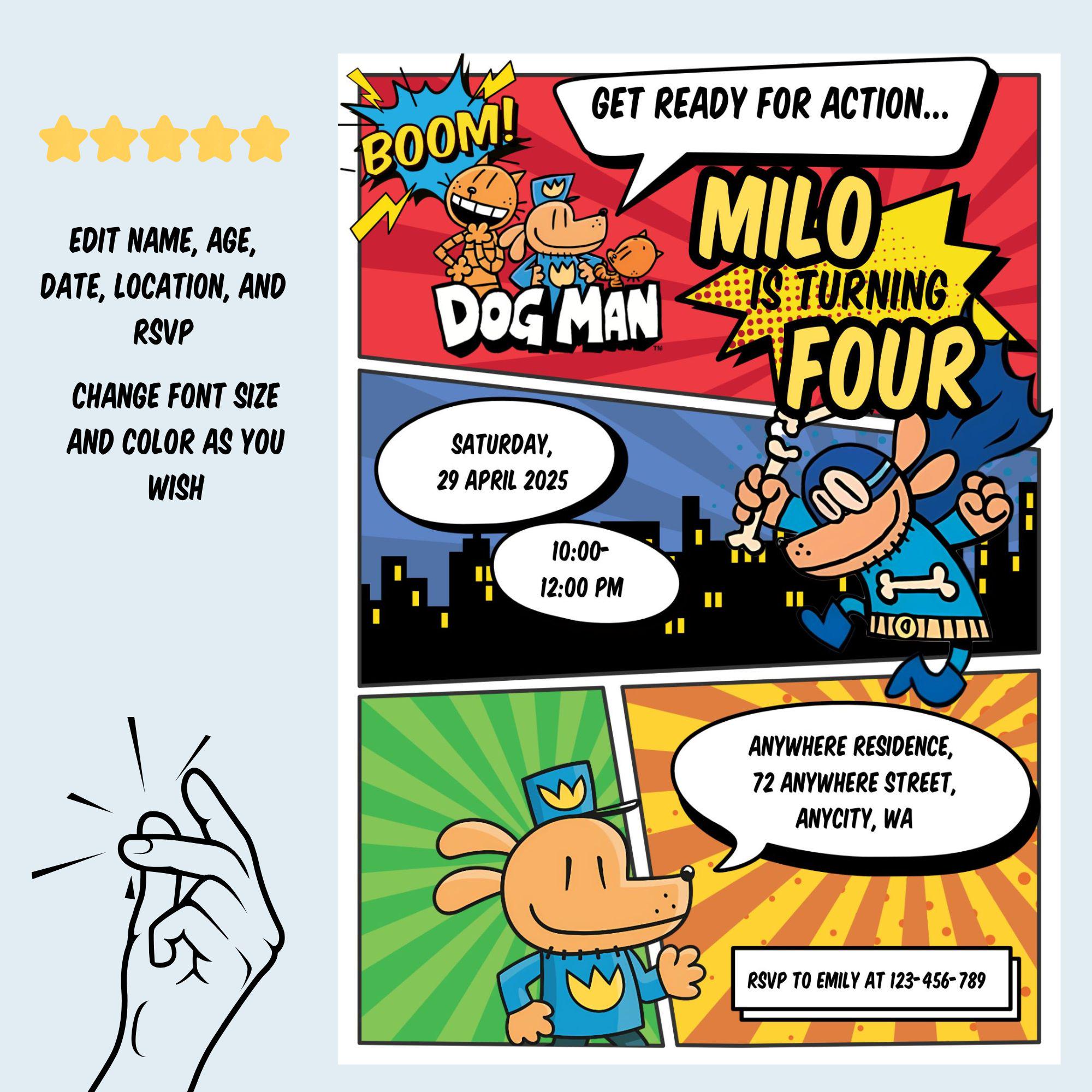 Dog Man Birthday Invitation, Editable Comic Invite, Printable Dogman ...