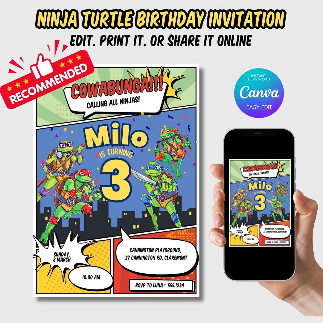 Editable Ninja Turtle Birthday Invitation, Digital & Printable Comic ...