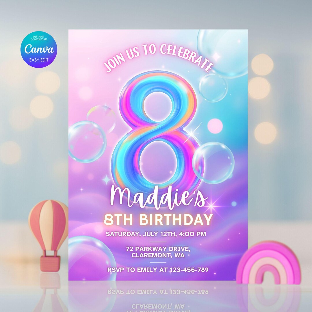 Pink 8th Birthday Invitation: Rainbow Bubbles, Editable Canva Template ...