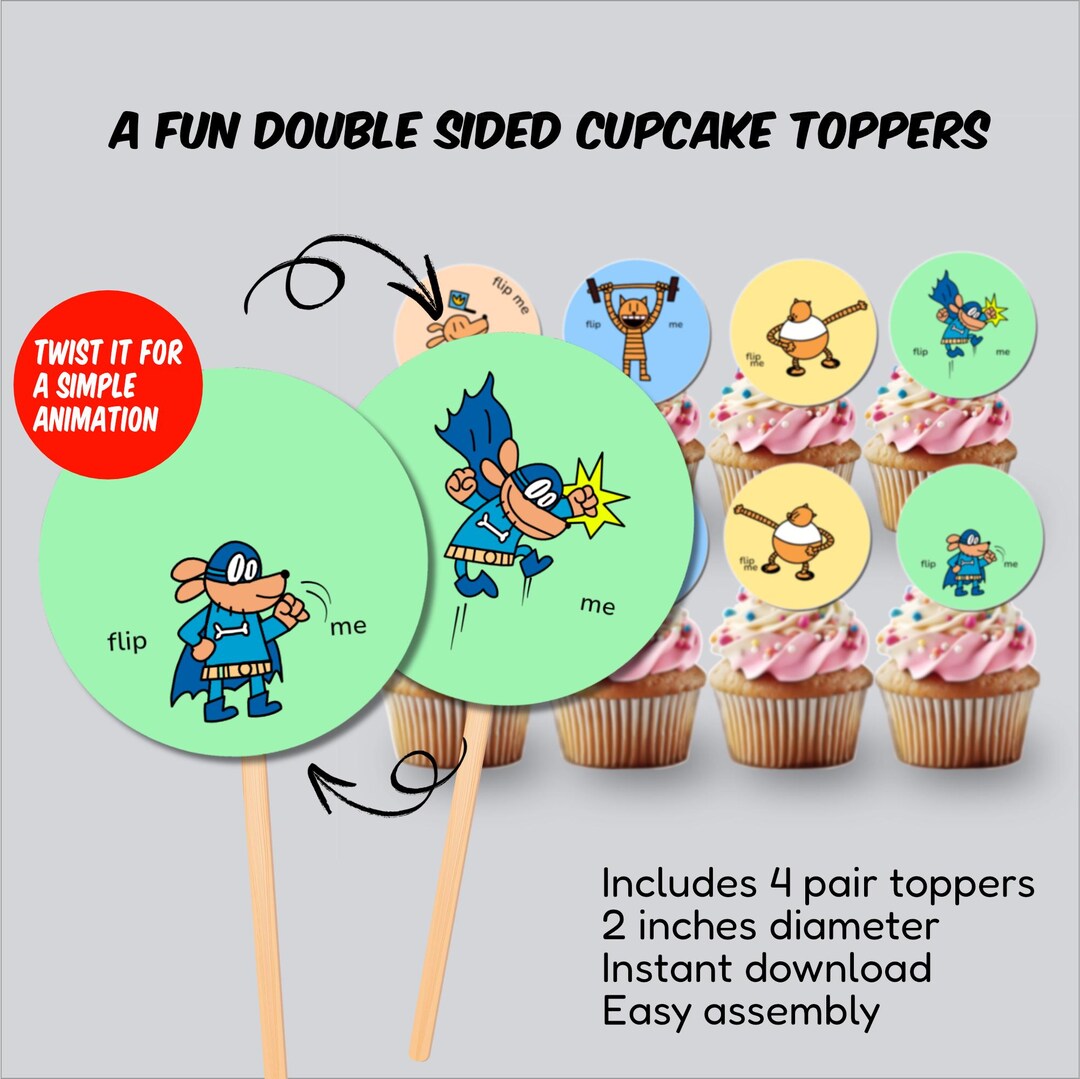 Dog Man Flip Cupcake Toppers | Flip-o-rama Birthday Decor | Printable ...