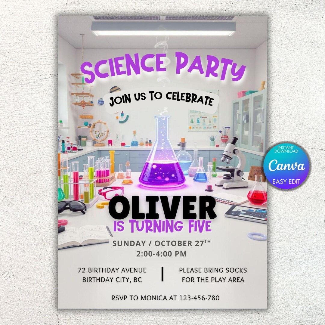 Science Birthday Invitation: Mad Scientist Party, Editable Canva ...