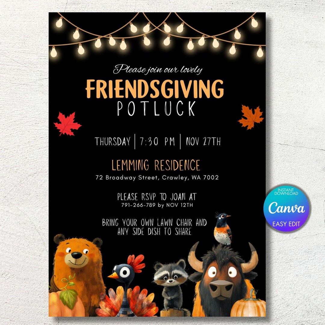 Friendsgiving Potluck Invitation: Woodland Animals, Autumn Theme (canva ...