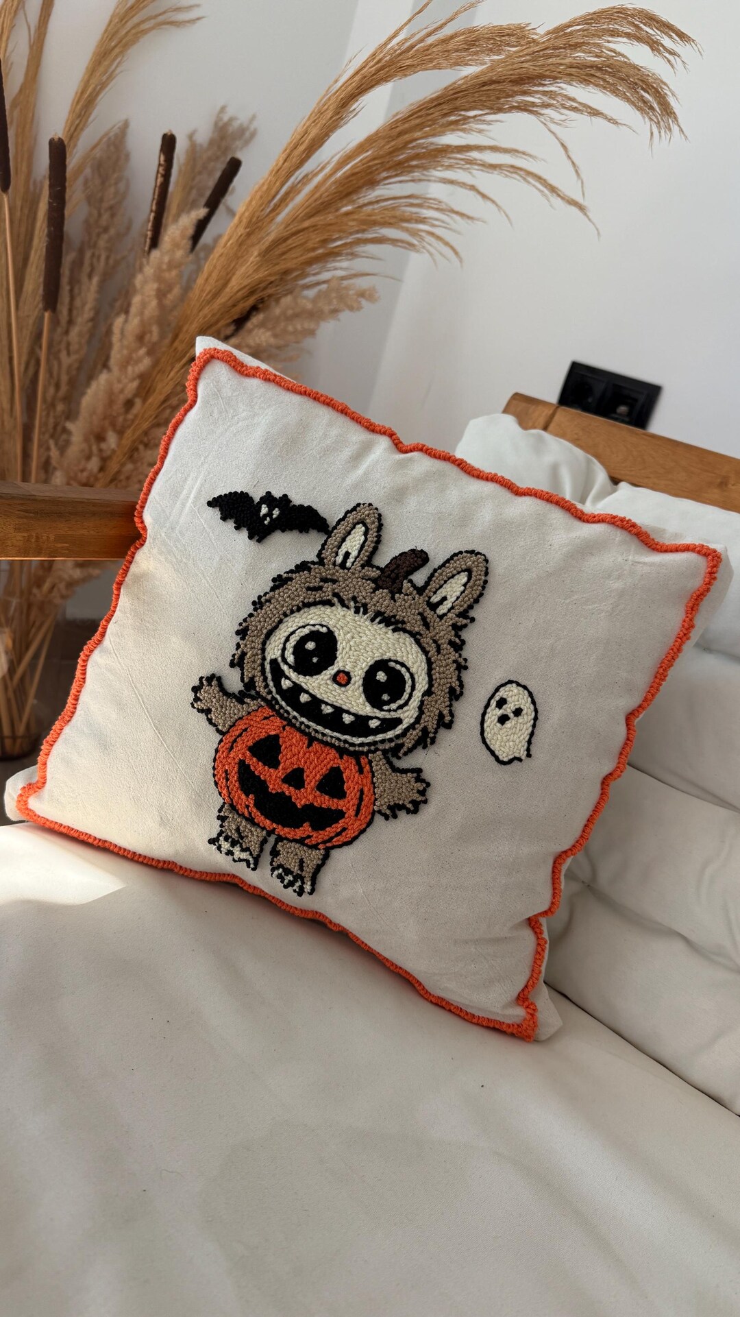Labubu Halloween Punch Needle Pillow Cover Cute Pumpkin Bunny ...