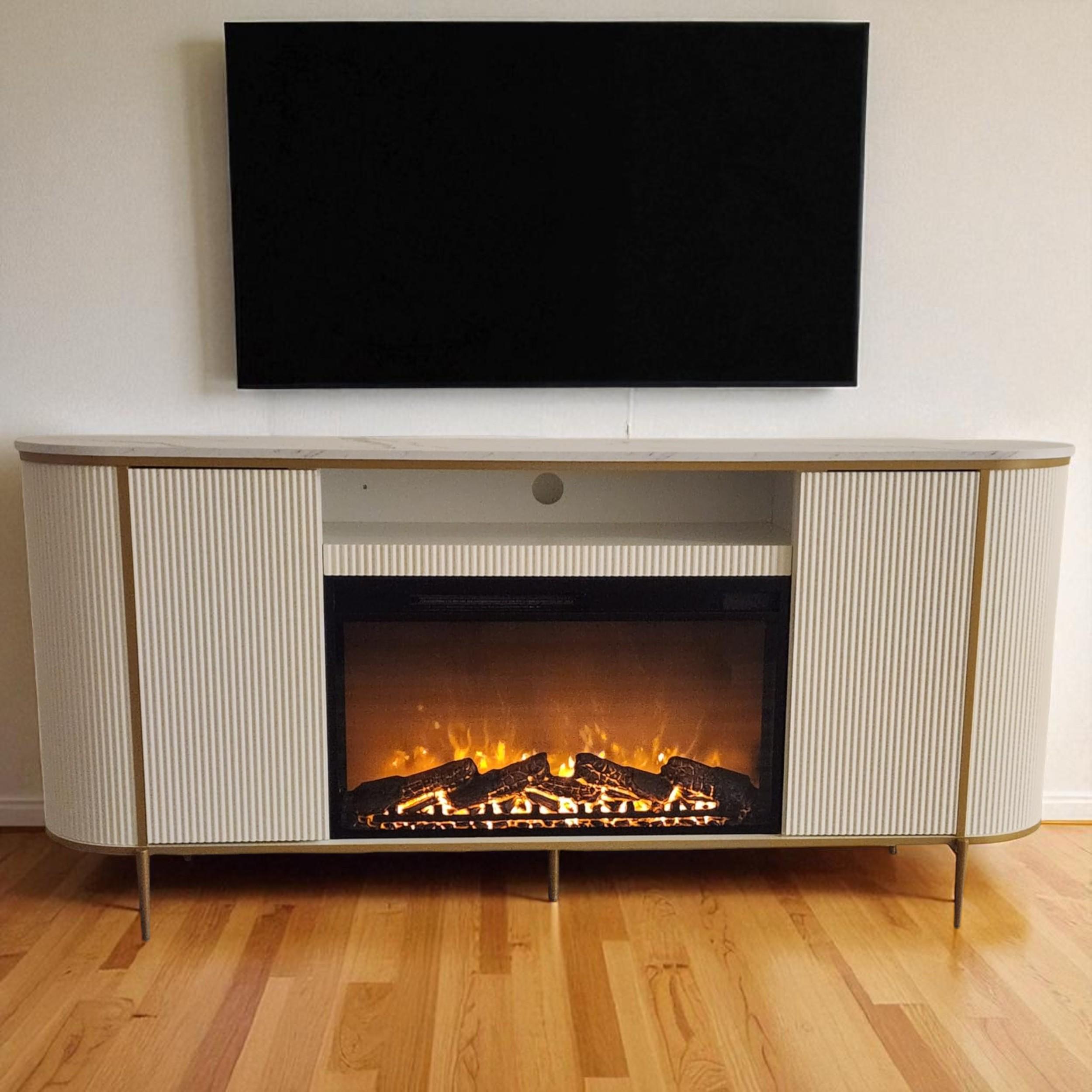 Fluted Fireplace TV Stand: Faux Marble Top, Curved Media Console for 80 ...