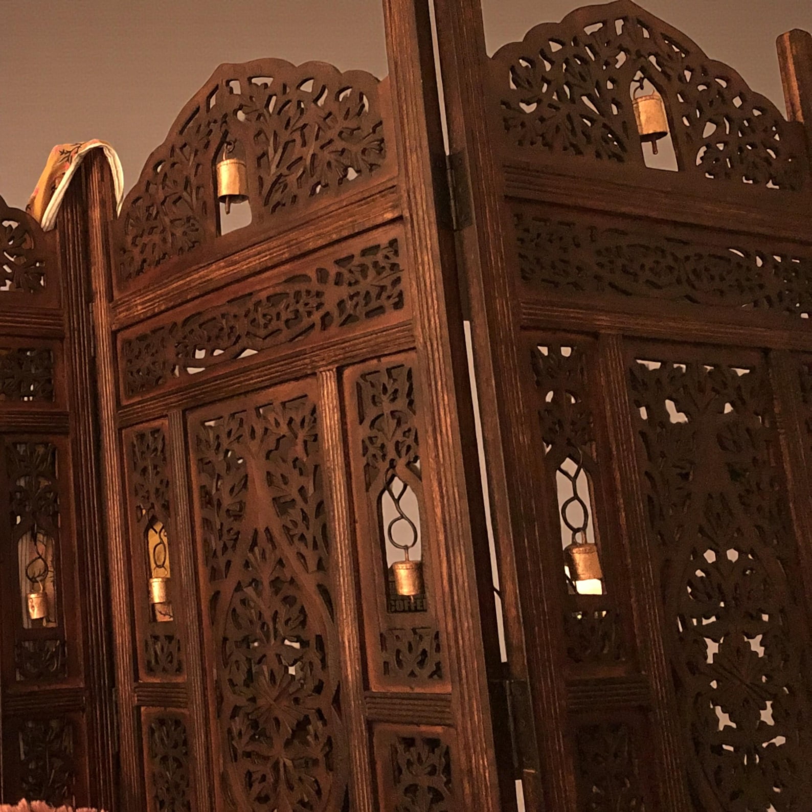 Room Divider Wood Screen - Ghanti Bells Antique Brown - 4 Panel Folding ...