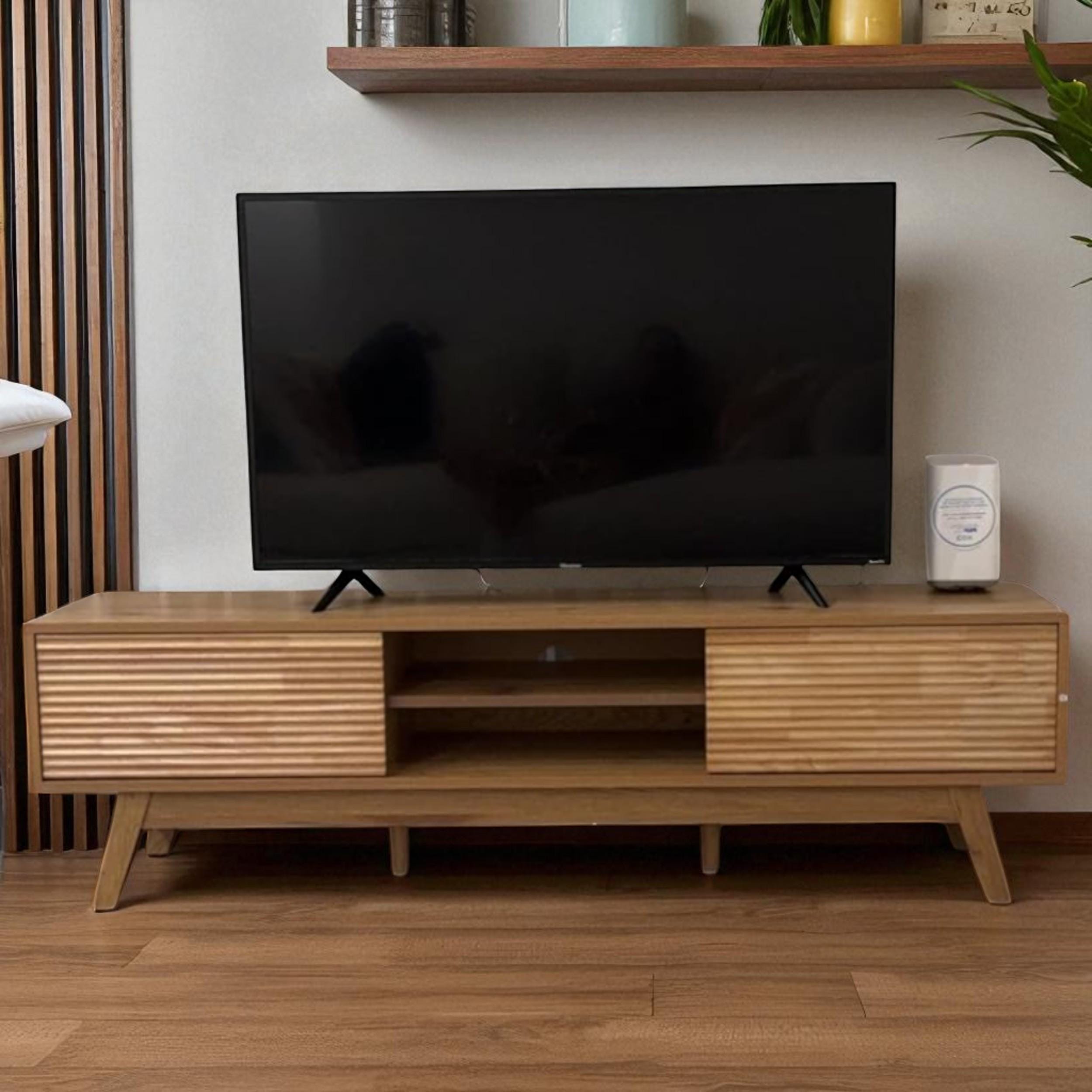 Mid-century Modern Fluted Door Media Console: Boho Light Wood TV Stand ...