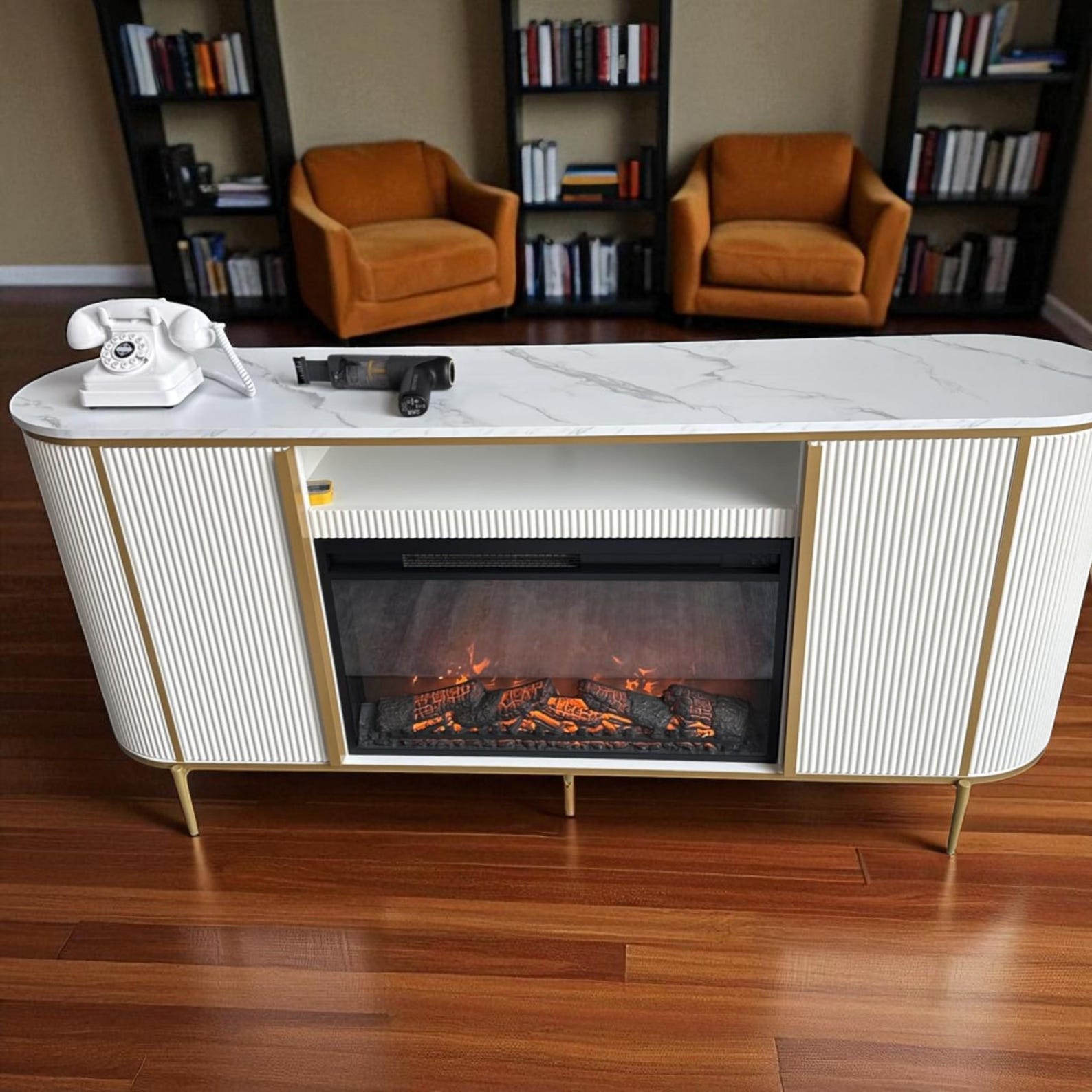 Fluted Fireplace TV Stand: Faux Marble Top, Curved Media Console for 80 ...