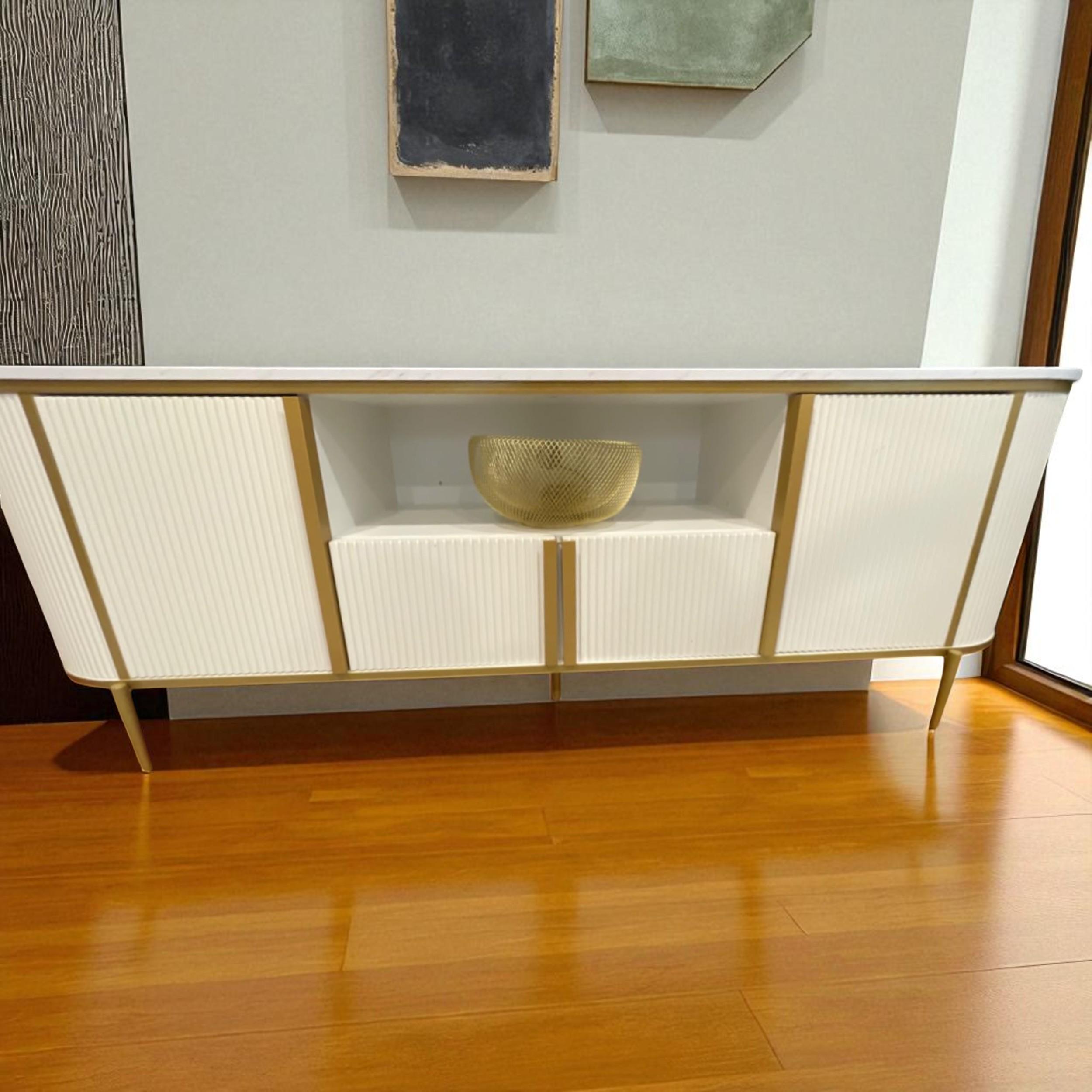 Fluted Fireplace TV Stand: Faux Marble Top, Curved Media Console - Etsy