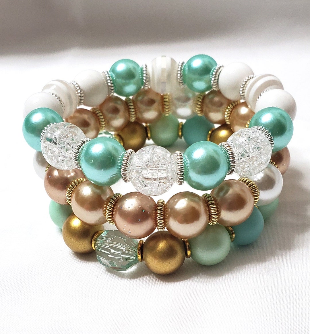 Bling Bracelet Stack, Mint Green, Gold, White Glass Beads, You Mix and ...