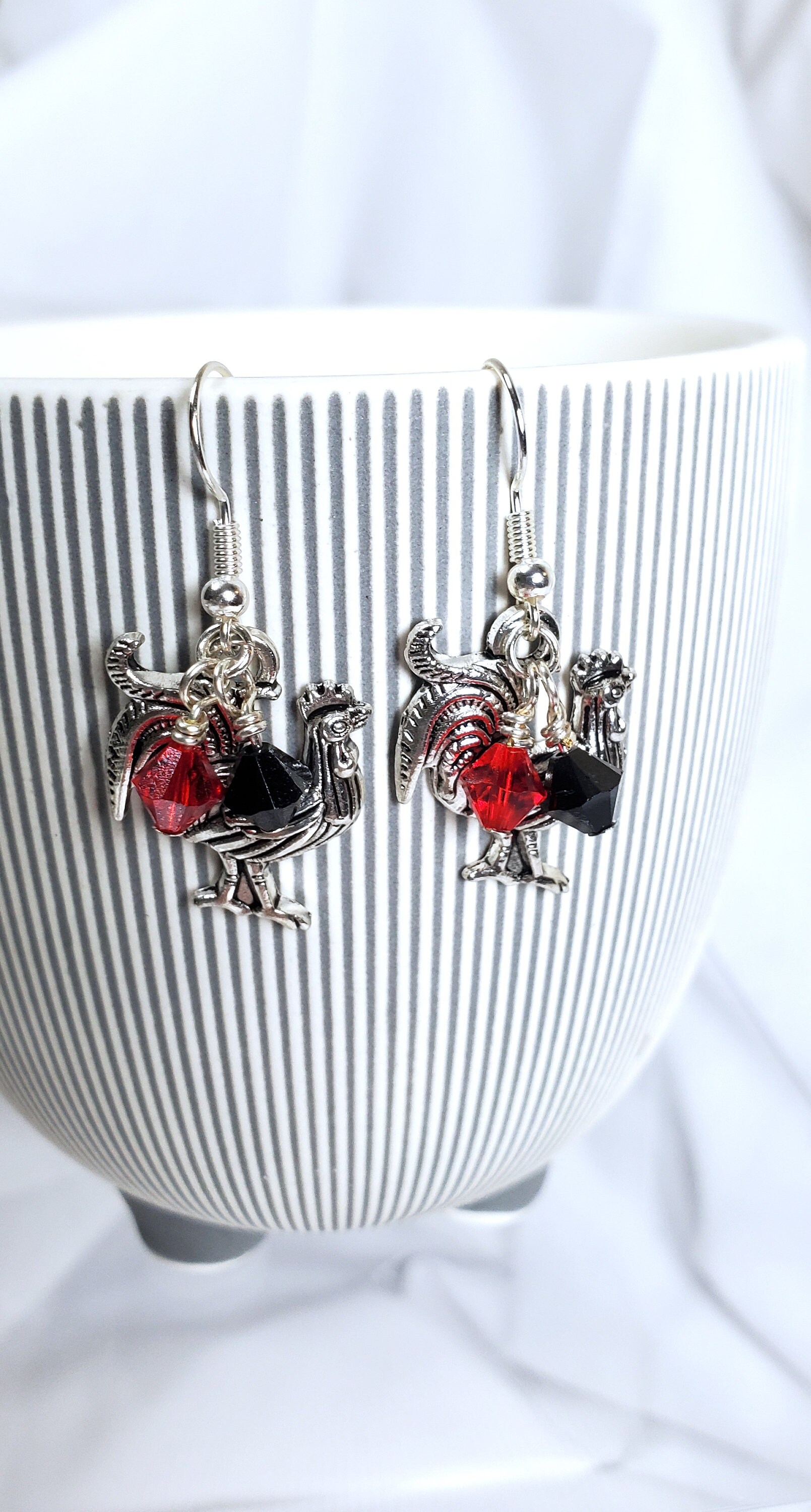 Red Garnet and Black Pewter Gamecock Charm Earrings, Game Day Accessory ...