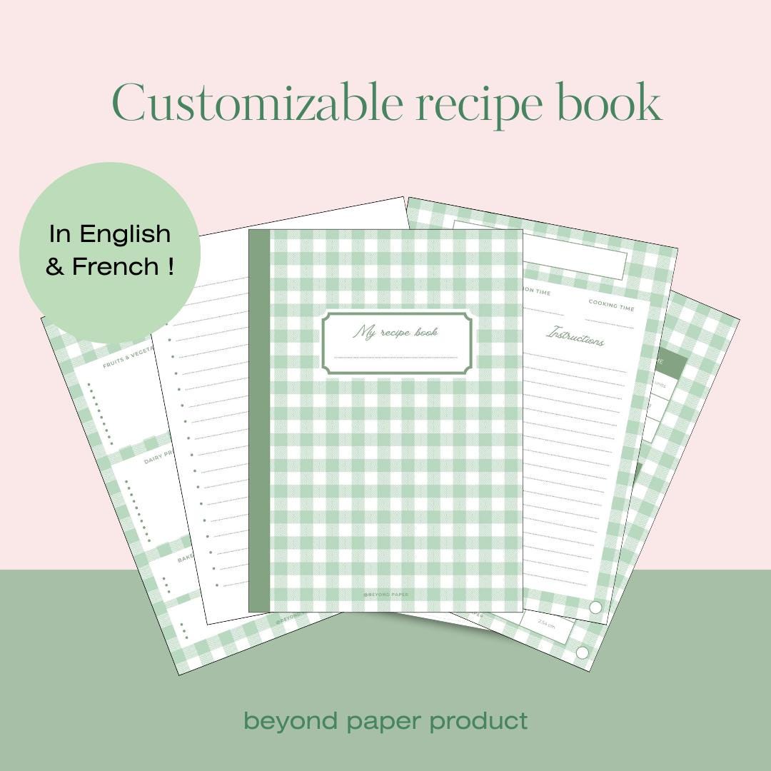 Green Checkered Recipe Book - Printable and Customizable PDF - French ...