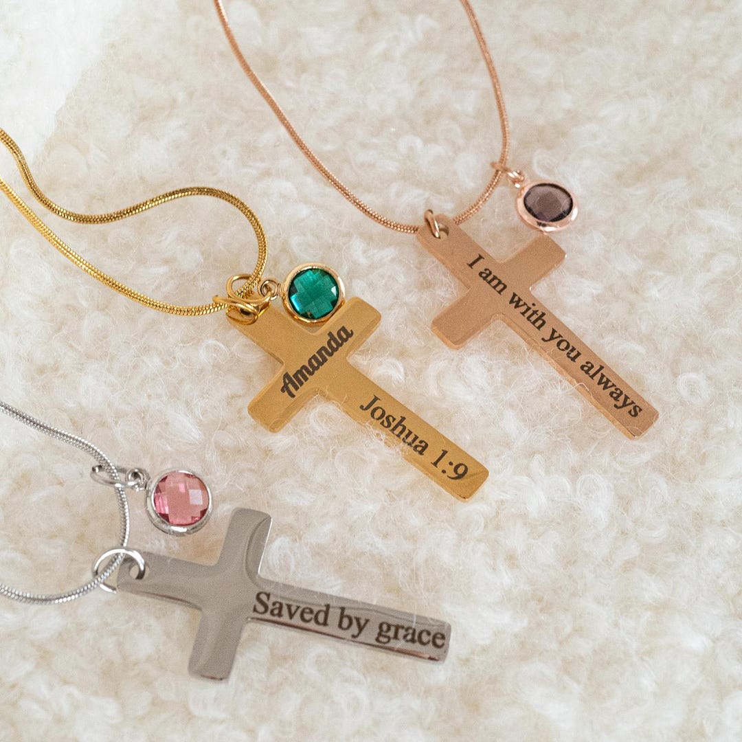 Personalized Birthstone Cross Necklace: Custom Engraved Christian ...