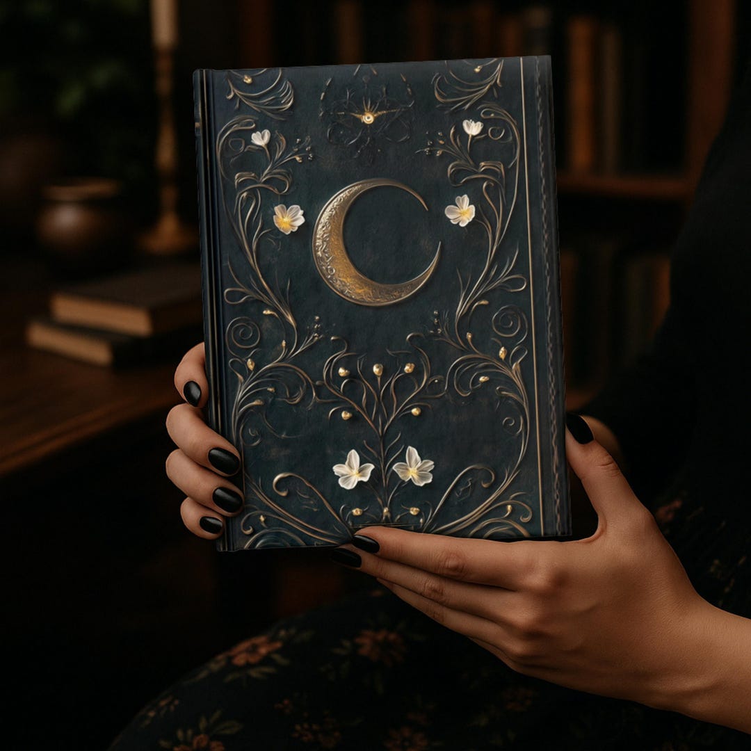 Dark Celestial Grimoire: Moon & Floral Hardcover Spellbook - 5x7 Blank ...