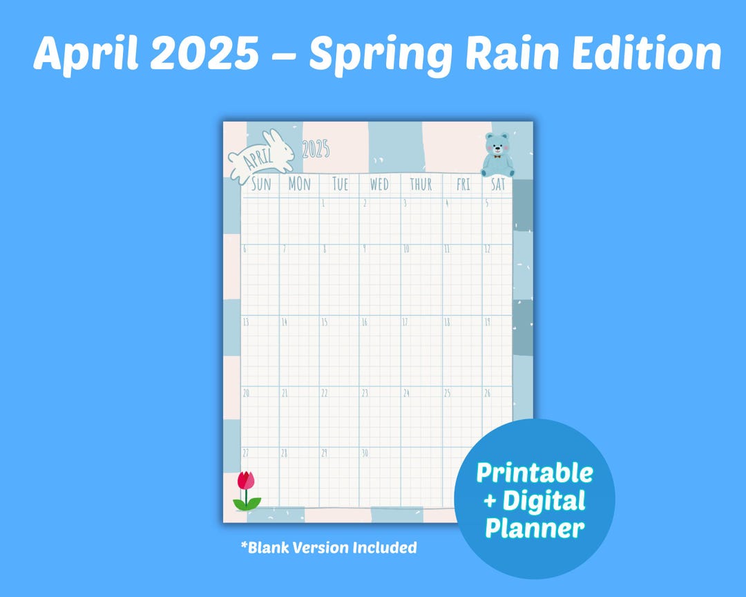 April 2025 Calendar – Blue Aesthetic Spring Rain Theme | Digital ...