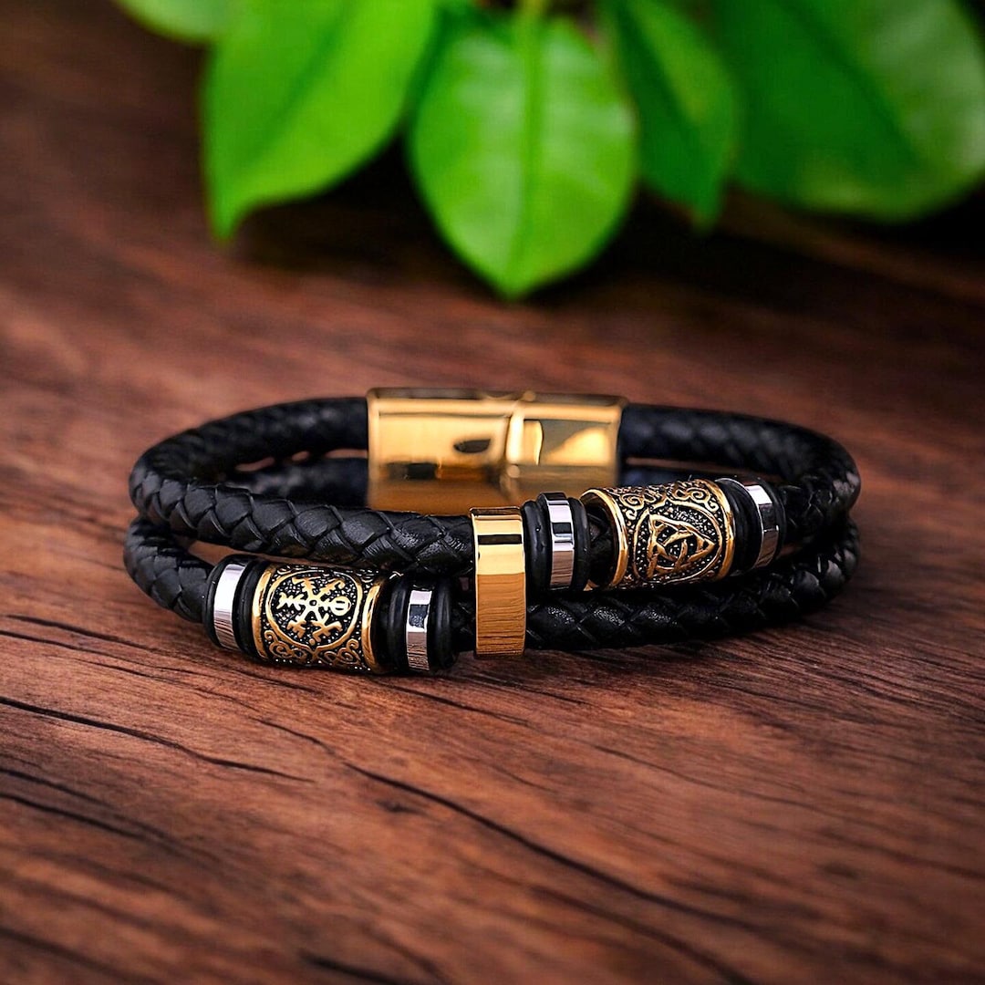 Viking Leather Bracelet: Braided Norse Amulet Wristband - Etsy