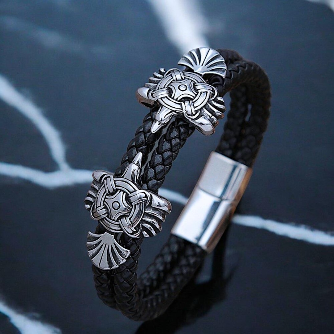Viking Leather Bracelet, Odin Crow Bracelet for Men, Nordic Stainless Steel Celtic Knot Bracelet ...