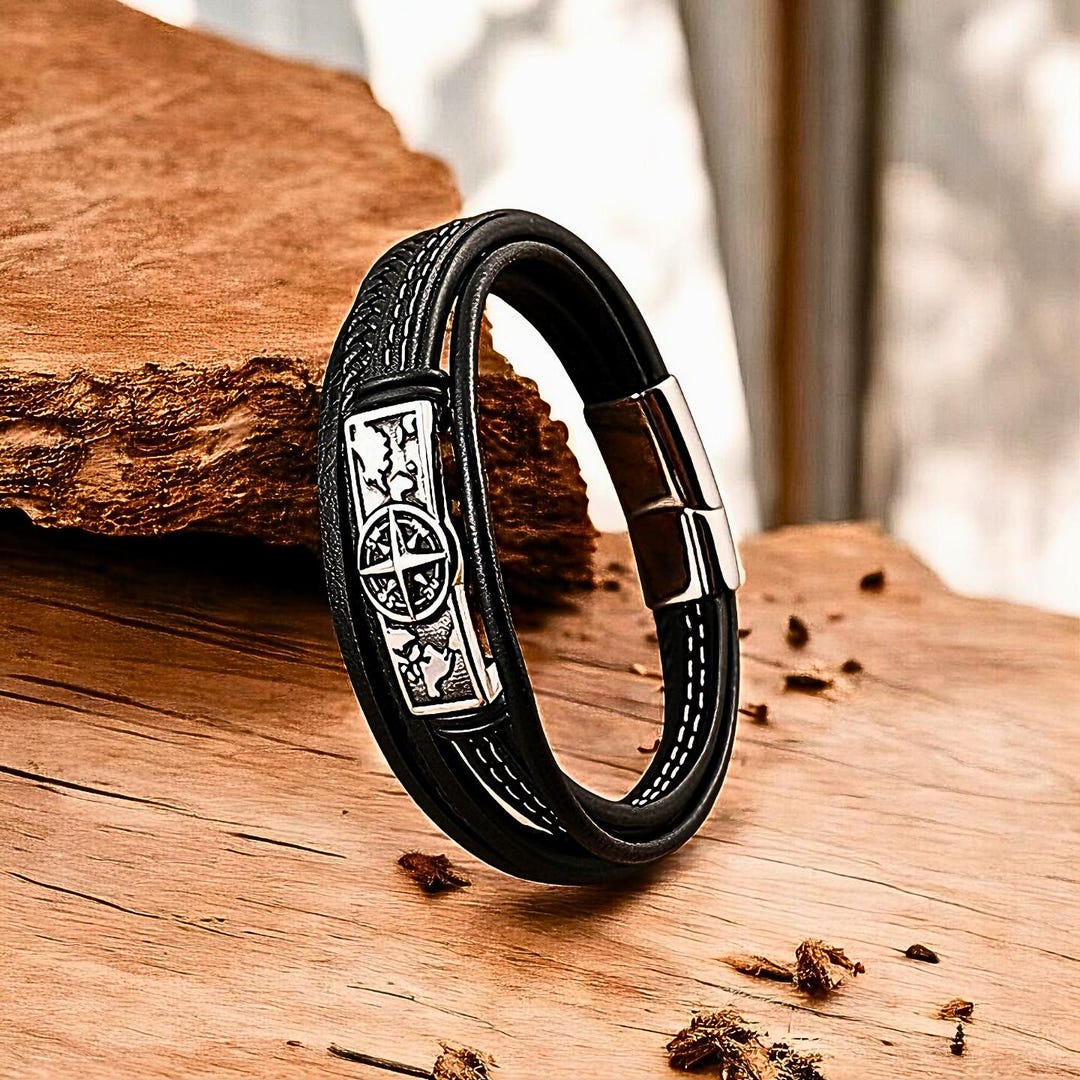 Men's Compass Leather Bracelet: Stainless Steel Viking Charm Wristband ...
