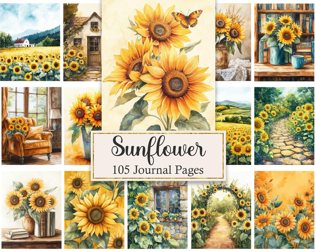 Sunflower Journal Pages, Digital Paper, Flower Scrapbook Papers, Summer ...